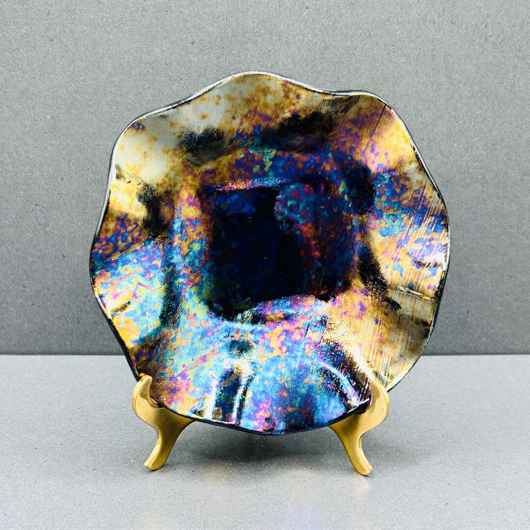 Vintage Black Glass Ruffled Rim Plate – Iridescent Oil Slick Colors - Etsy