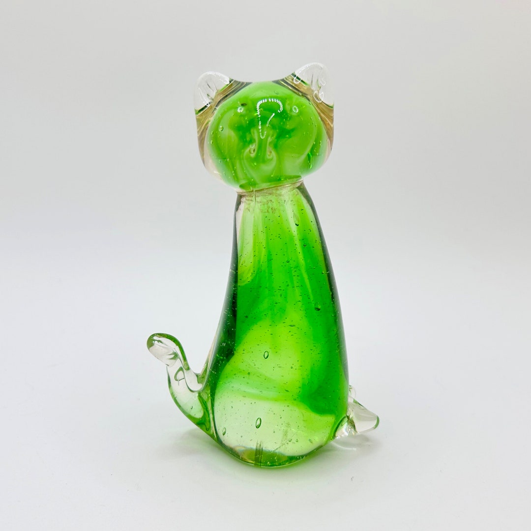 Art Glass Green Cat Paperweight Figurine Vintage Cute - Etsy