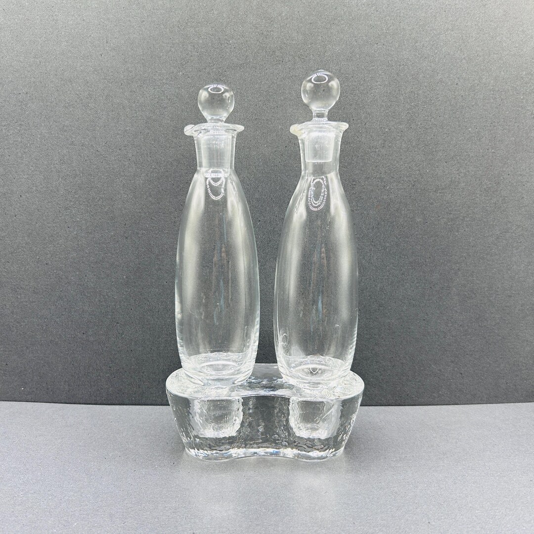 Vintage Crystal Cruet Set With Unique Heavy Glass Base Two Bottles With ...