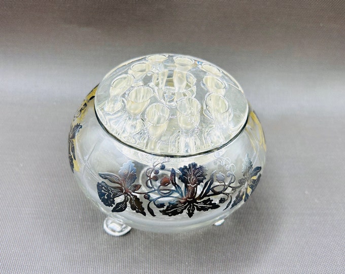 Vintage Viking Glass Flowerlite Flower Frog Bowl With Silver Overlay ...
