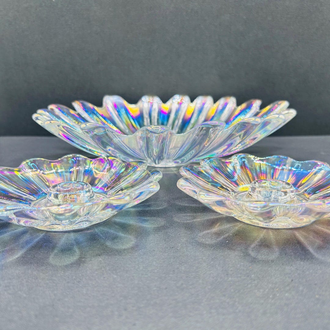 Vintage Federal Glass Celestial Iridescent Sunflower Bowl and Candle ...