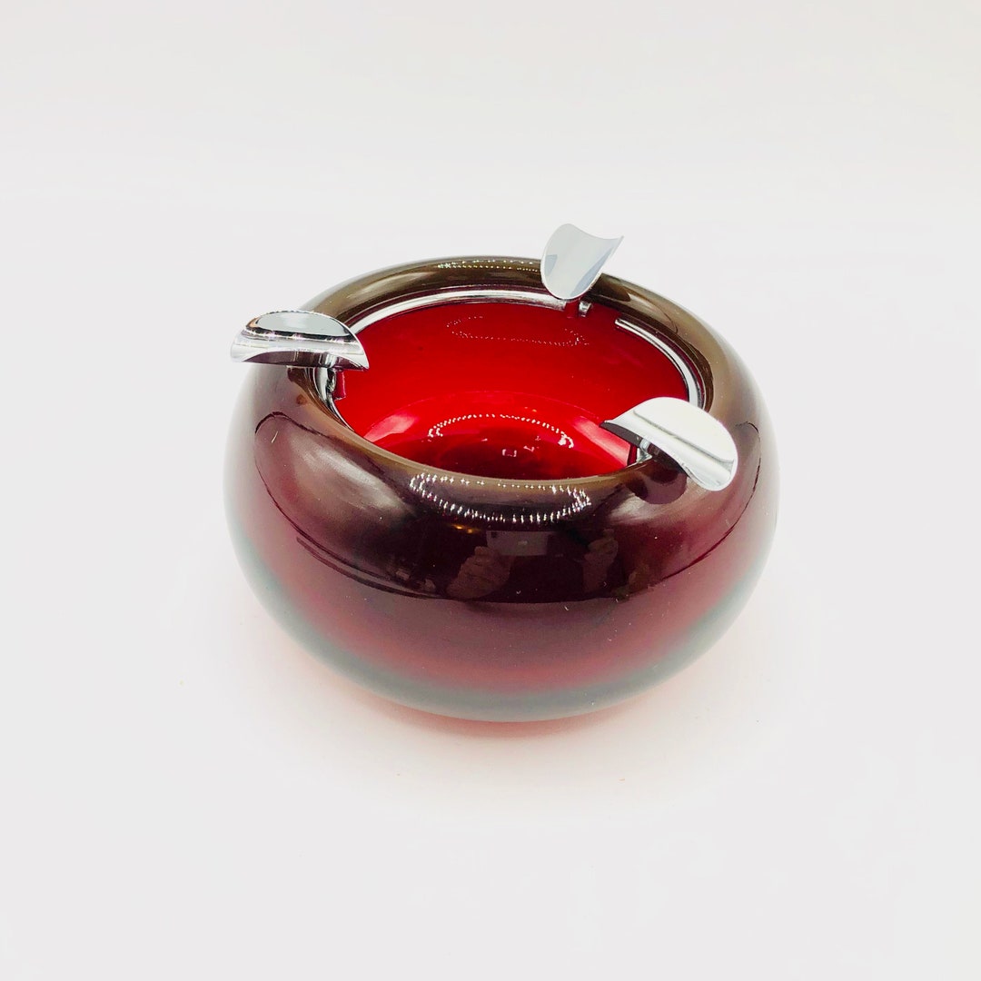 Mid Century Modern Ruby Red Glass Ashtray With Metal Insert Whitefriers ...