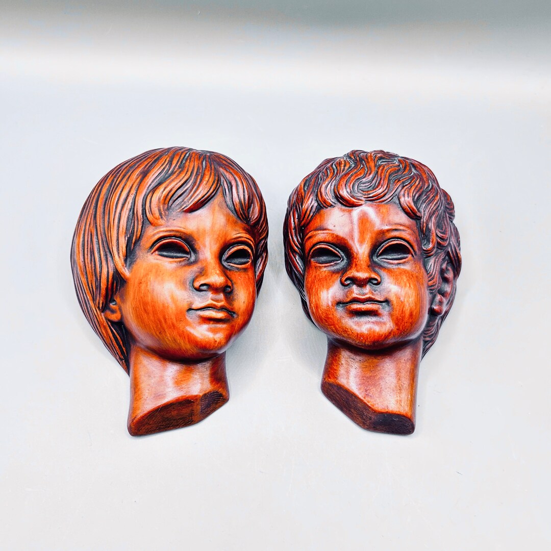 Pair of Mid-century Faux Wood Achatit Handarbeit Face Masks Wall Art ...