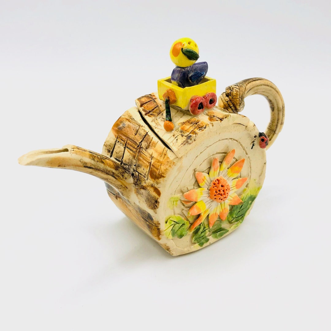 Vintage Amazing Mini Ceramic Teapot Hand Made Duck Sitting on Log Glaze ...