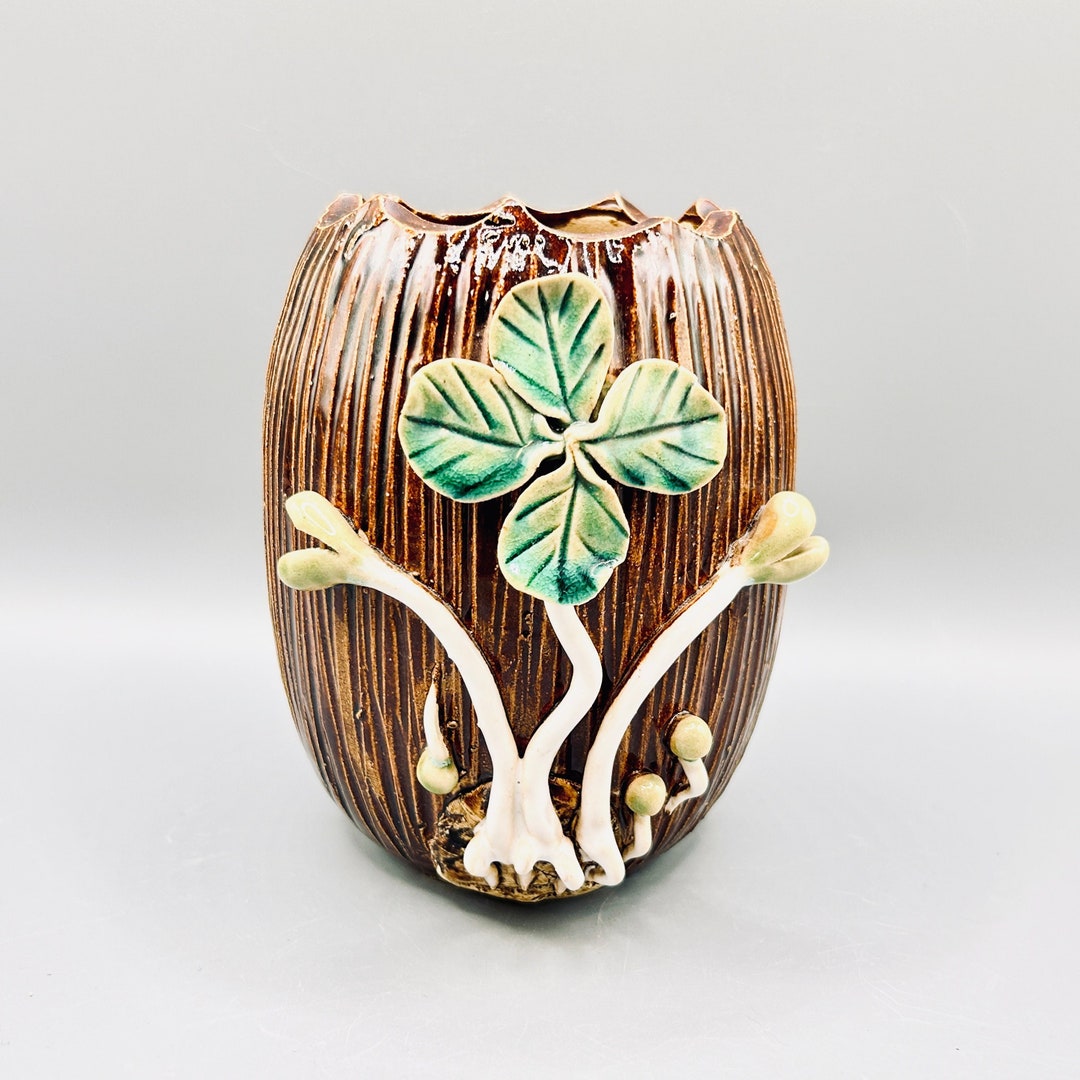 MUSHROOMS | Vintage Majolica Vase | Shamrock Relief With Sprouts ...