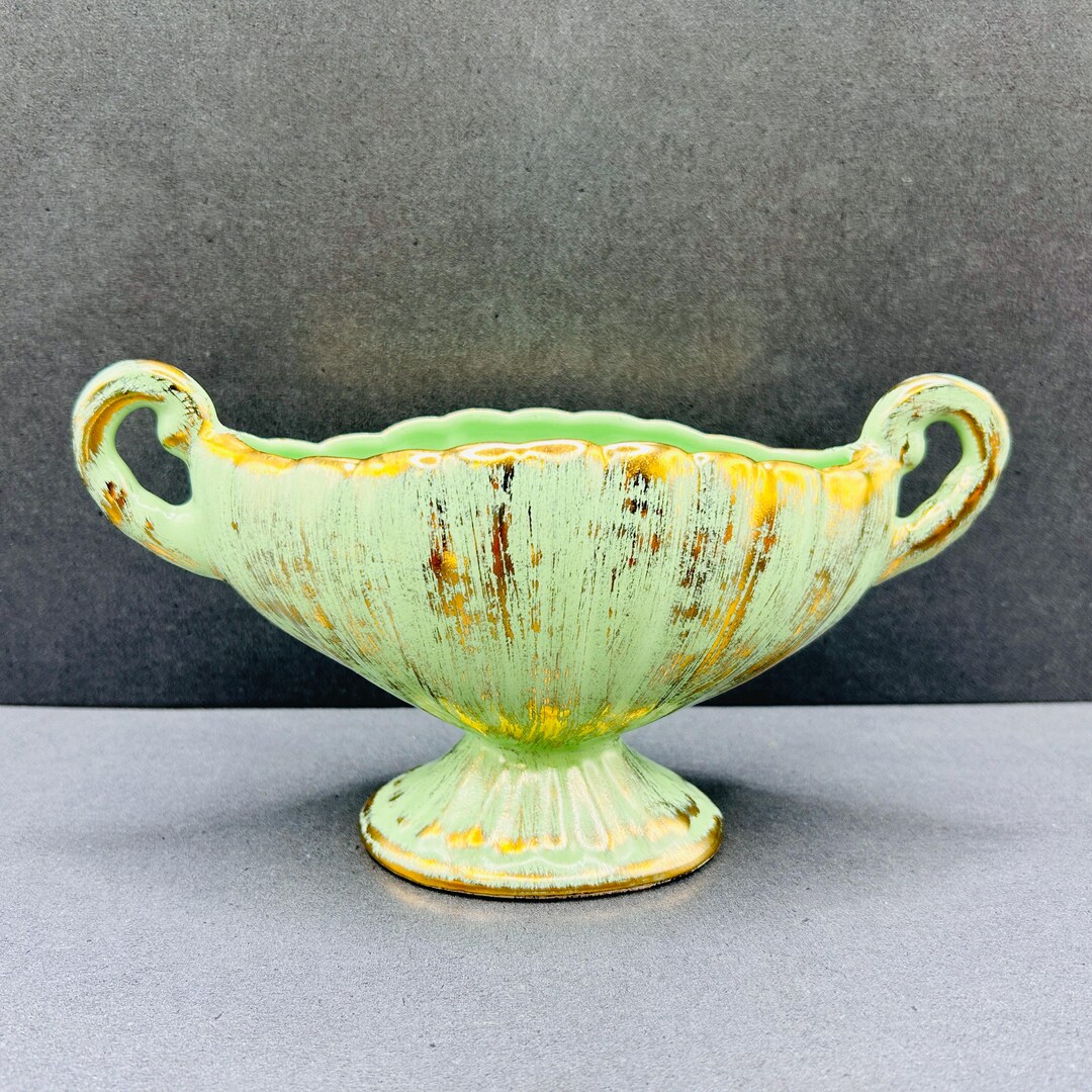 Pale Green Ceramic Footed Planter With Brushed Gold | Vintage Haeger ...