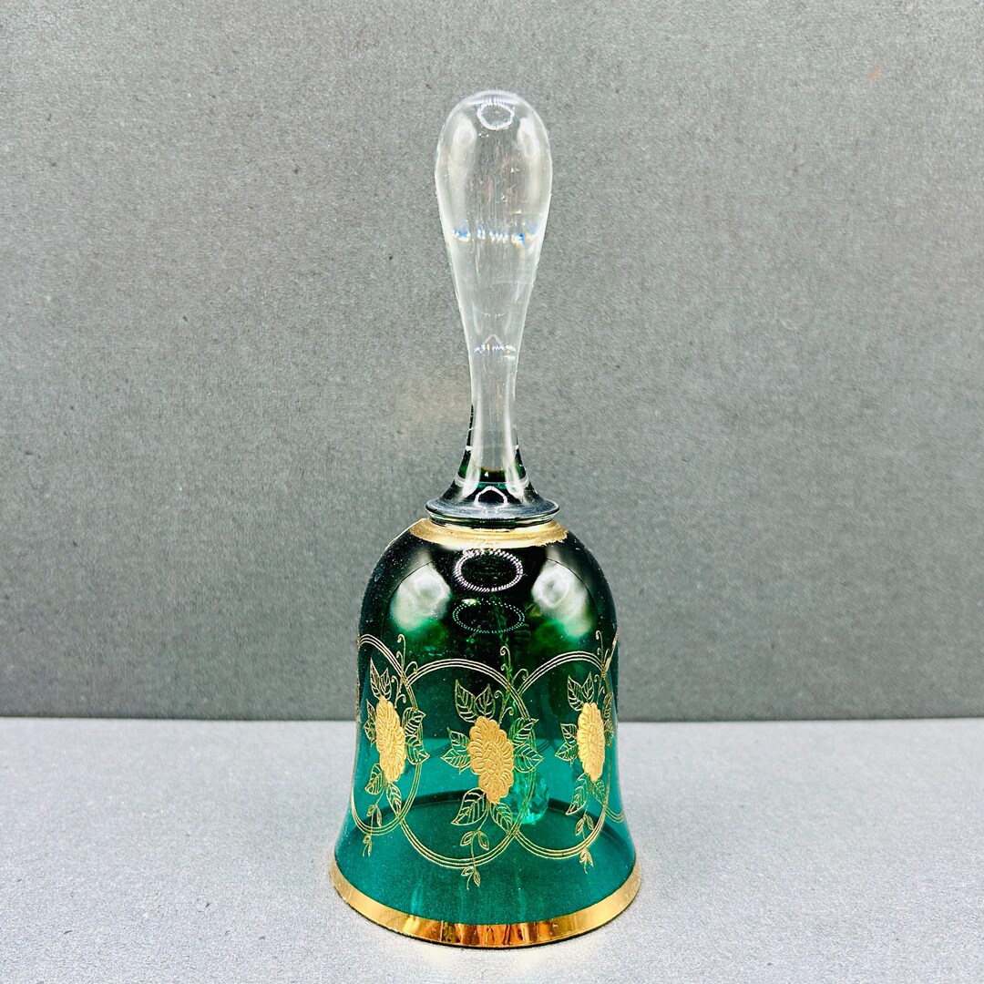 Vintage Bohemian Glass Dinner Bell Emerald Green Etched Gold Gilt Rose ...