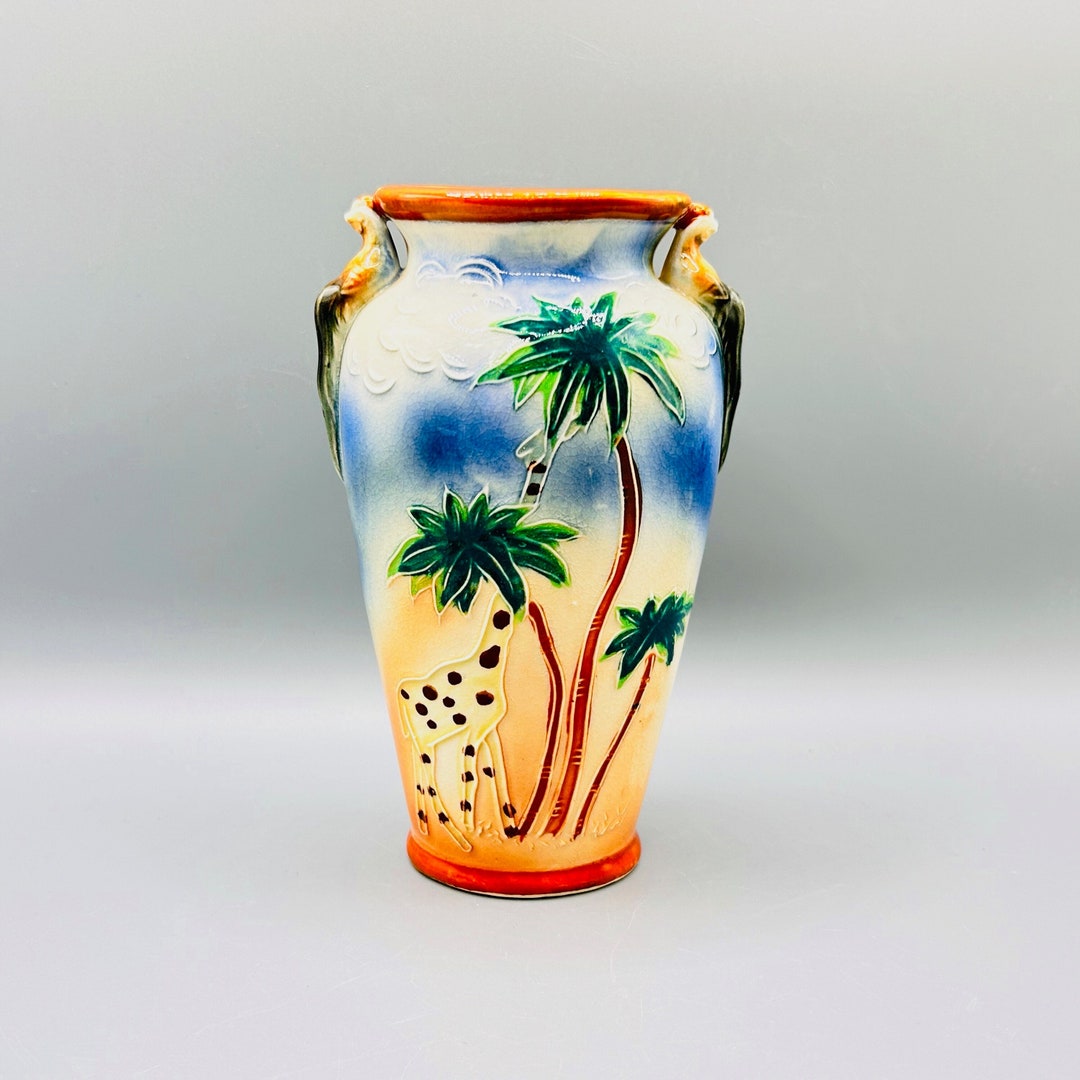 Jungle Safari Giraffe Majolica Vase Whimsical Bird Handles Vintage ...