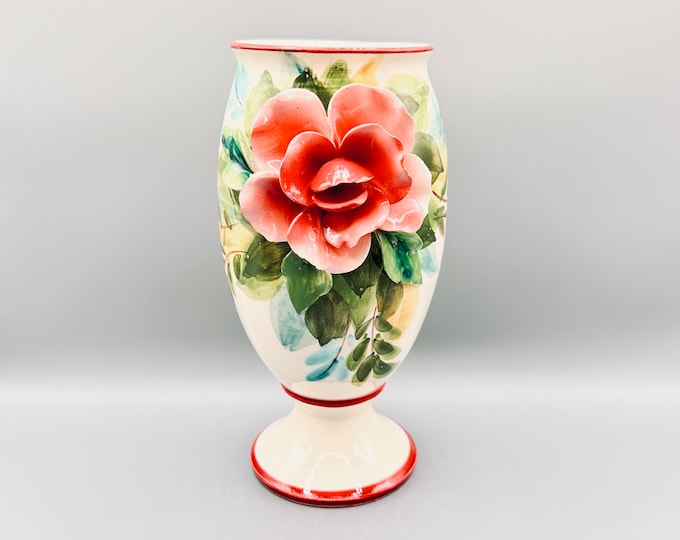 Made in Italy Vase 3D Dimensional Applied Ceramic Pink Rose Blue Leaves ...