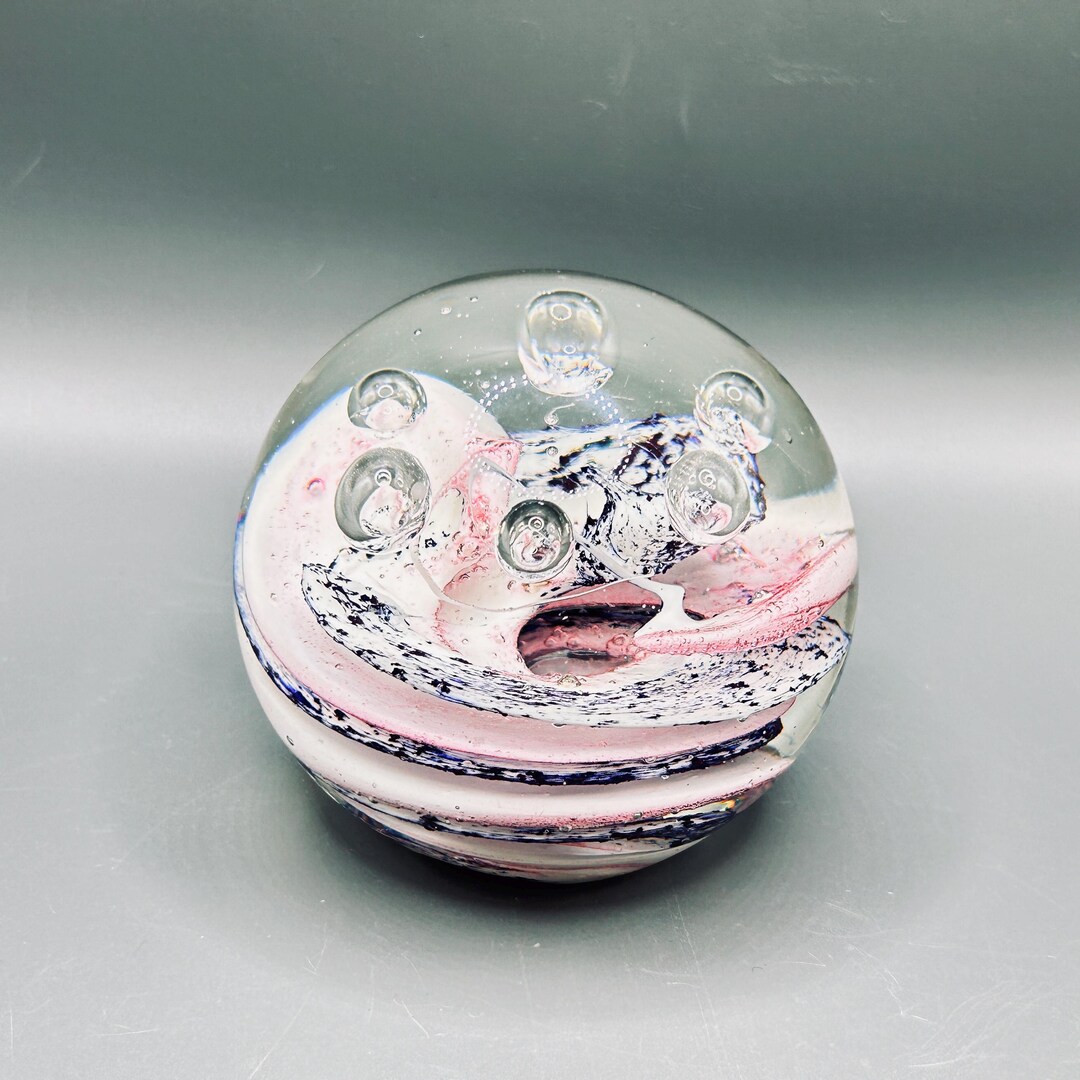 Vintage Blown Glass Paperweight With Pink, White & Grey Swirls and ...