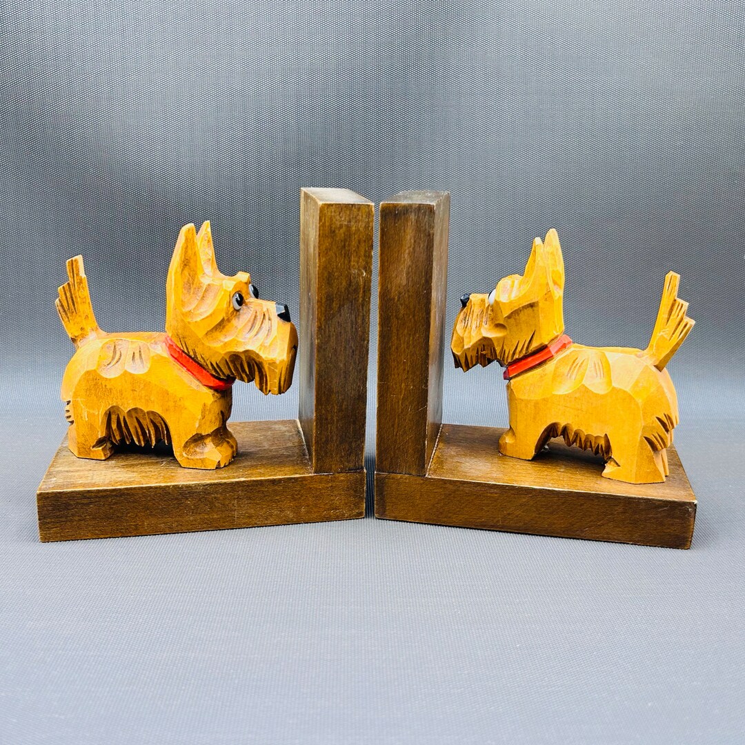 Pair or Vintage Scotty Dog Bookends | 1950s | Carved Wood | Glass Eyes ...