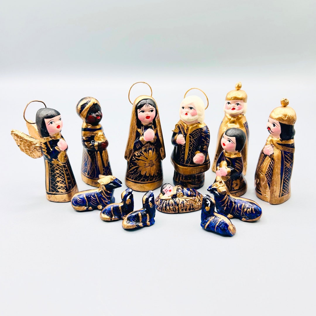 Mini Mexican Nativity Set Hand-painted Folk Art in Cobalt Blue & Gold ...