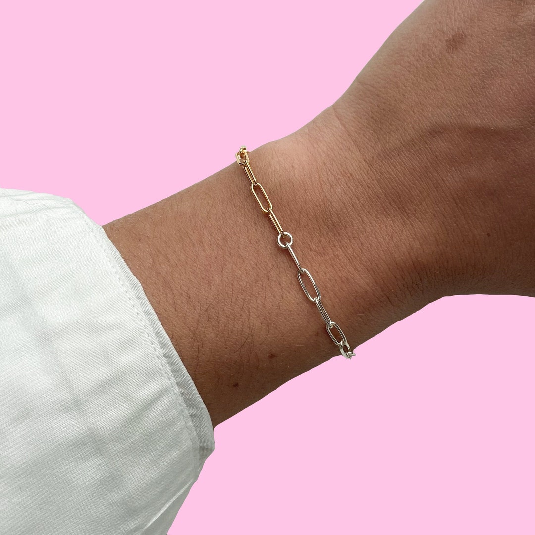 Mixed Metal Chain Bracelet, Two Tone Paperclip Chain Bracelet, Sterling ...