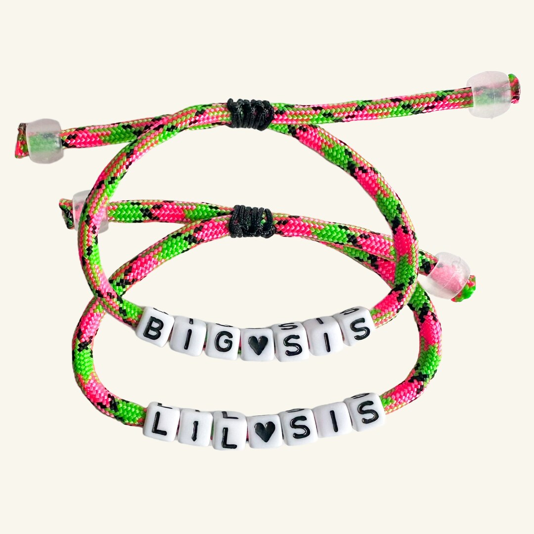 Neon Big Sis & Lil Sis Beaded Word Bracelet, Pink Green Friendship ...