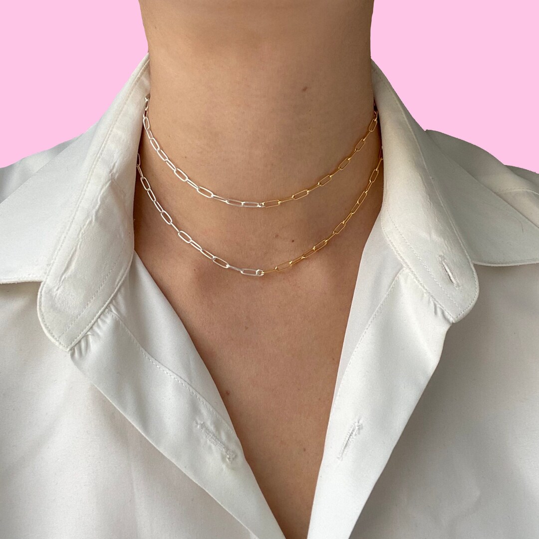 Mixed Metal Chain Necklace, Two Tone Paperclip Chain Choker, Sterling ...