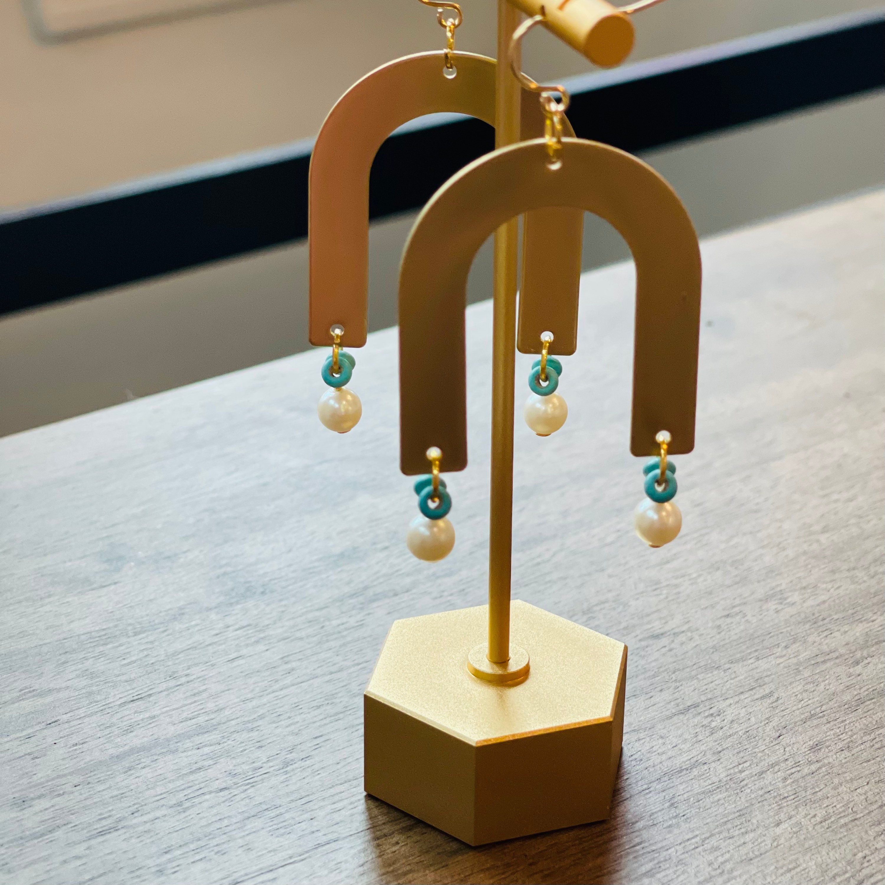 Art Deco Inspired Gold Arc With Turquoise and Pearl Dangle Handcrafted ...