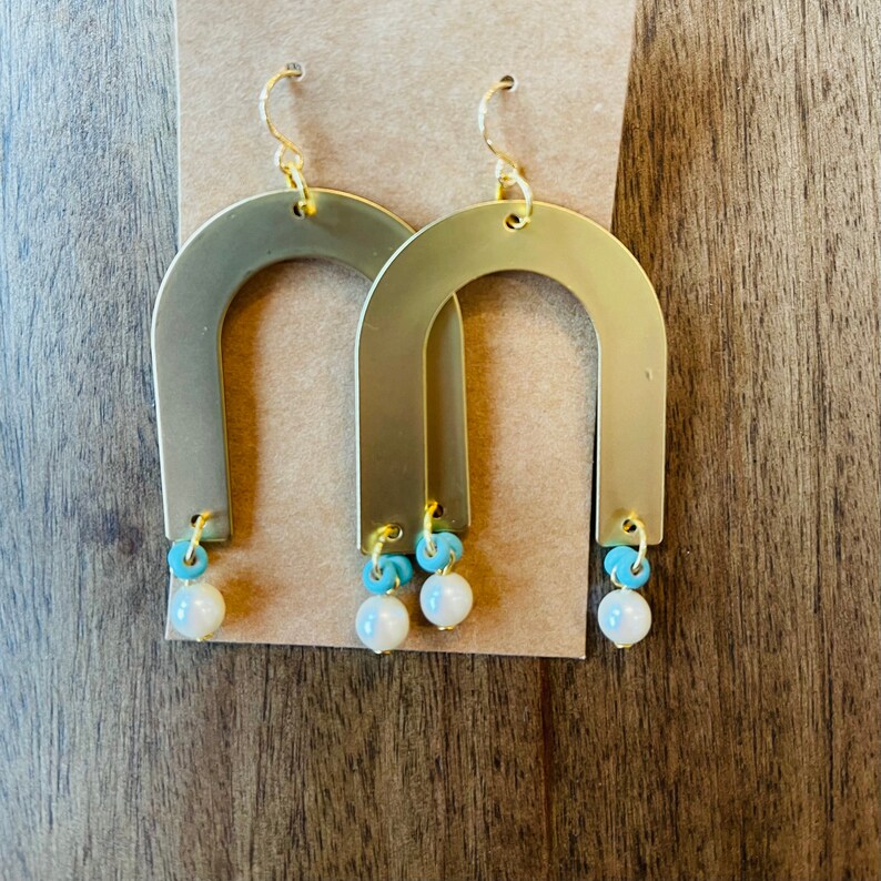 Art Deco Inspired Gold Arc With Turquoise and Pearl Dangle Handcrafted ...