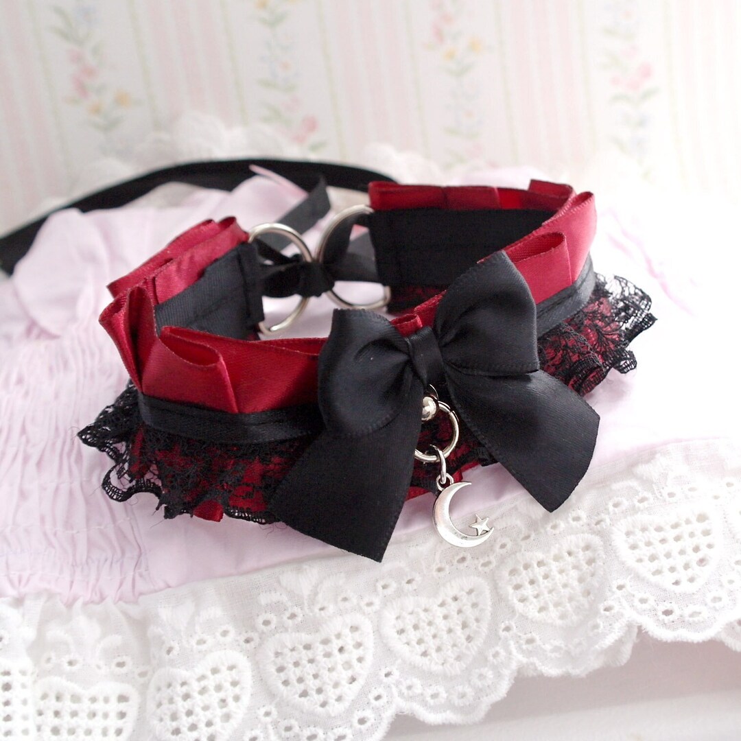 Burgundy Red Black Lace Choker Necklace , Kitten Pet Play Collar Gear ...