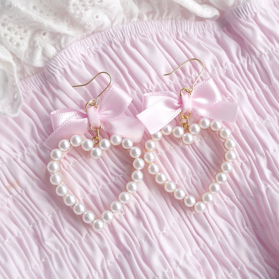 Pastel Baby Pink Satin Bow Pearl Heart Earrings (dangle / Clip On ...
