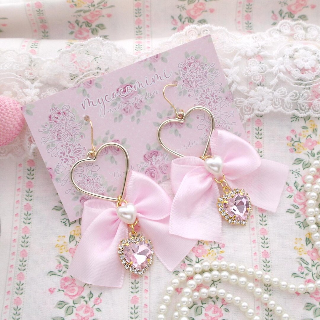 Baby Pink Bow Bling Rhinestone Heart Little Pearl Earrings (dangle ...