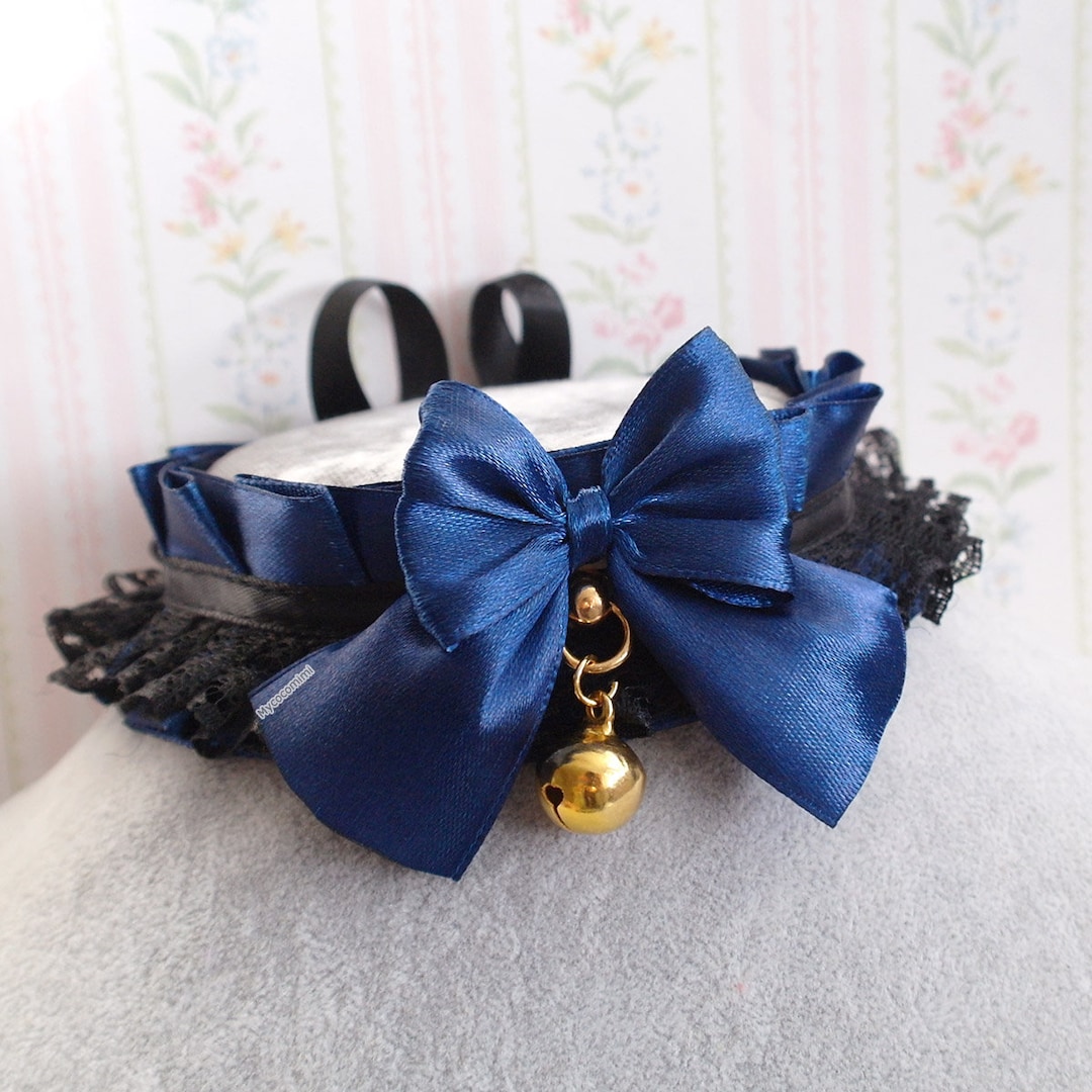 Navy Blue Satin Choker Necklace , Kitten Pet Play Collar Gear , Black ...