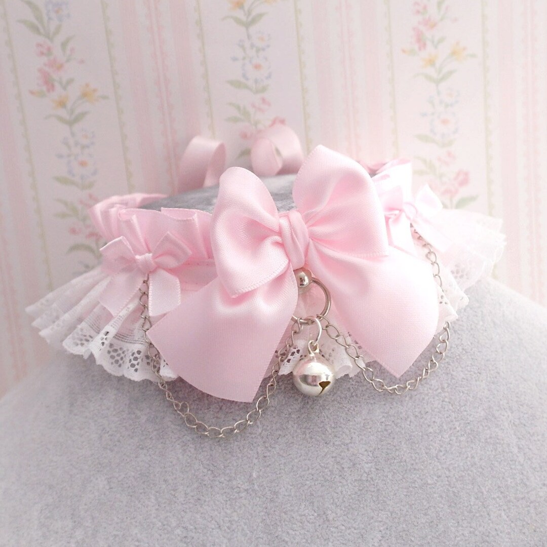 Baby Pink Kitten Play Collar Gear Choker Necklace , White Lace Bow ...