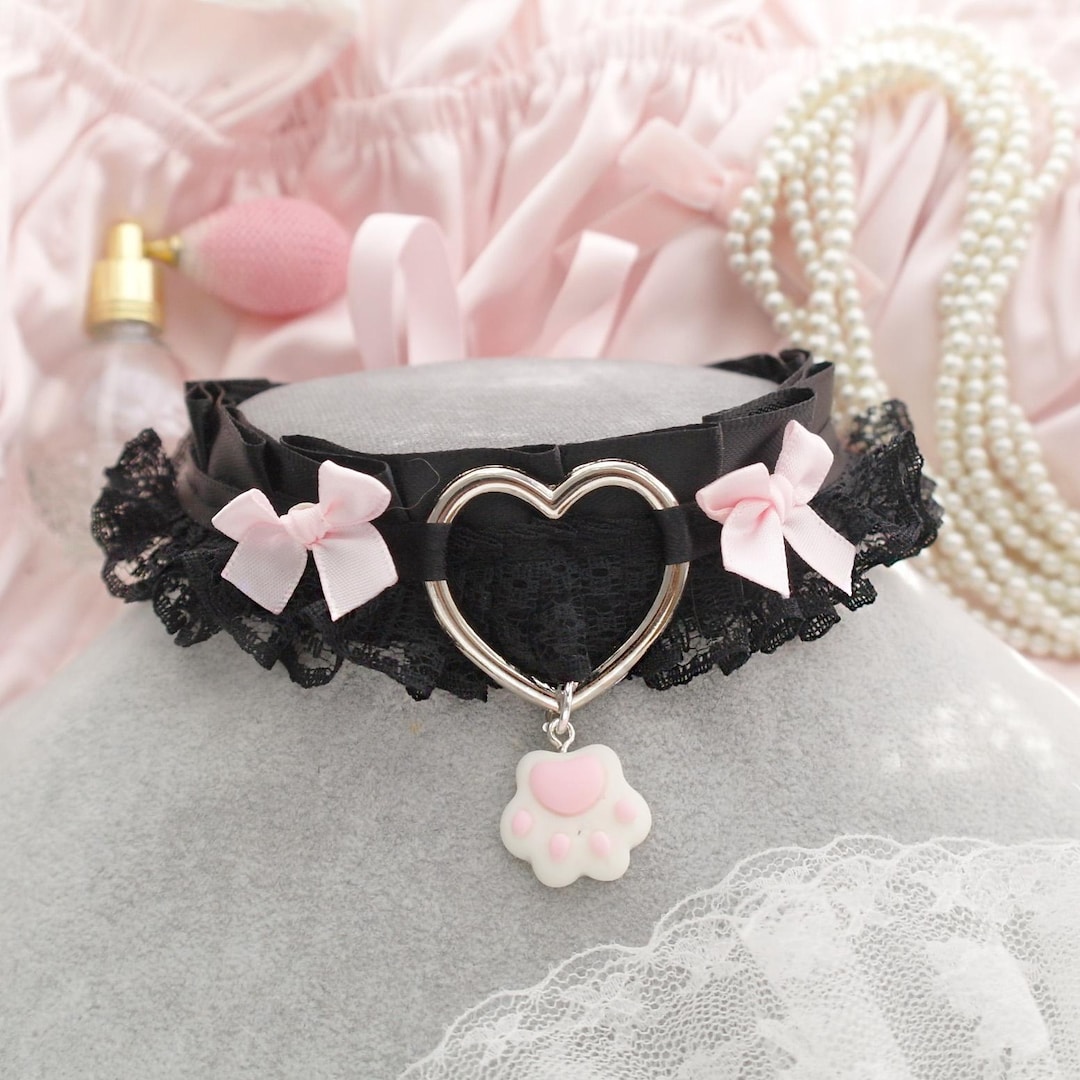 Little Paw Heart Black Lace Ruffles Kitten Play Collar Choker Necklace ...