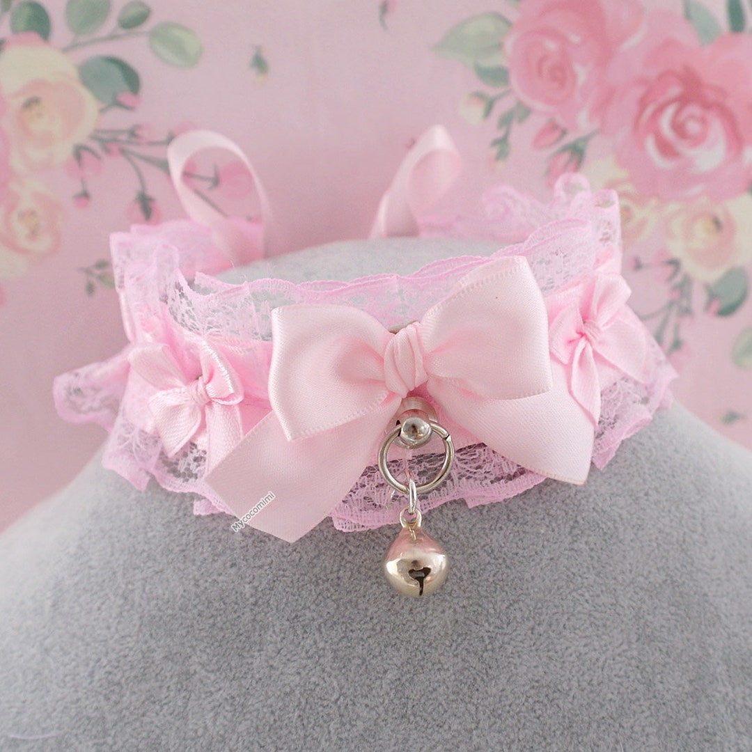 All Pink Choker Necklace , Kitten Play Collar , Baby Pink Lace Bow With ...