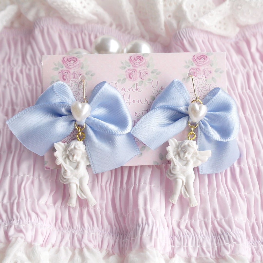 Rococo Cherub Cupid Angel Light Blue Pearl Bow Earrings (dangle / Clip ...