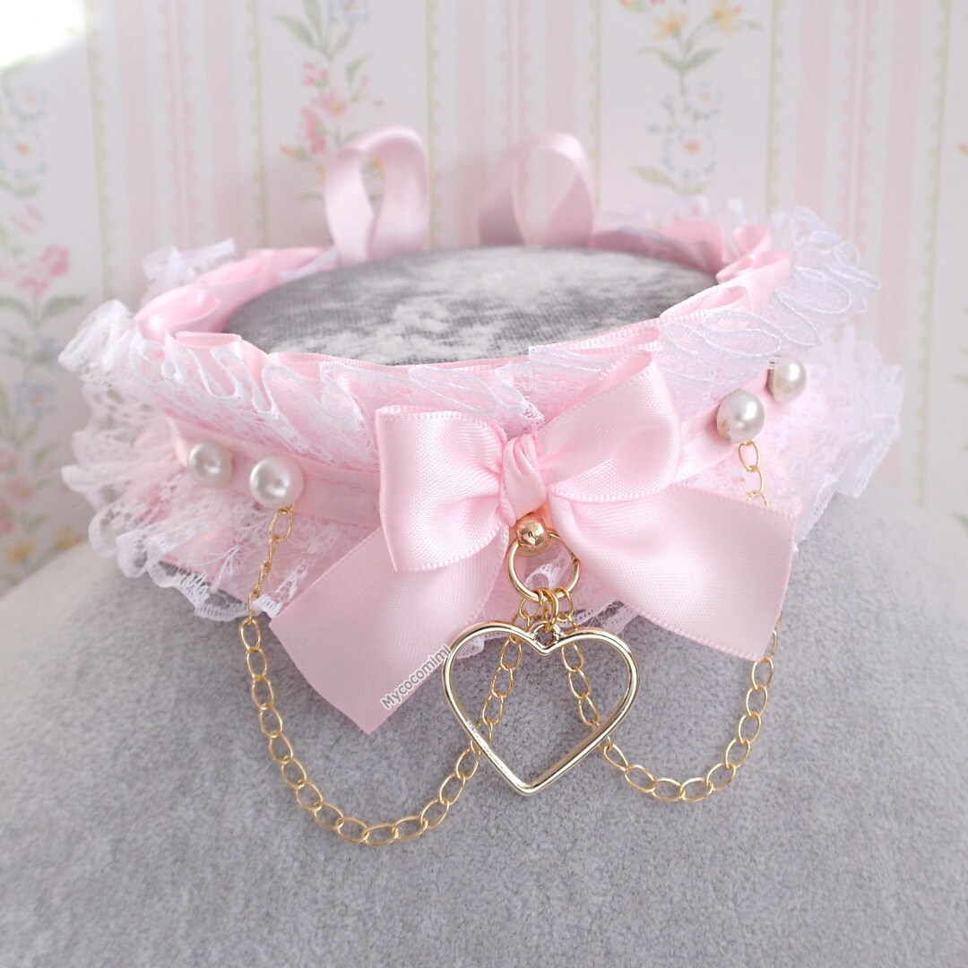 Sweet Baby Pink Choker Necklace Kitten Pet Play Collar Gear, White Lace ...