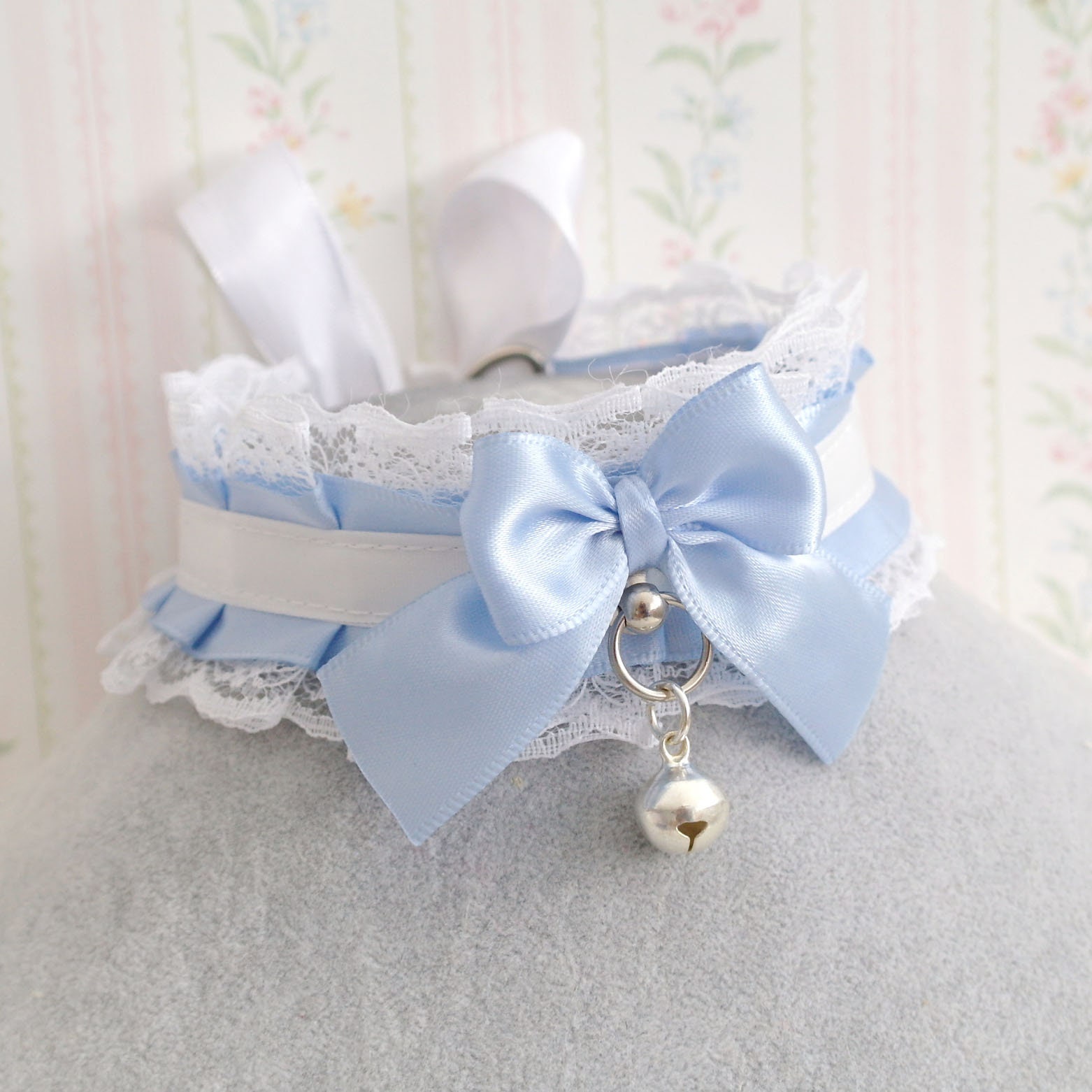 White Lace Light Blue Satin Choker Necklace , Kitten Pet Play Collar ...