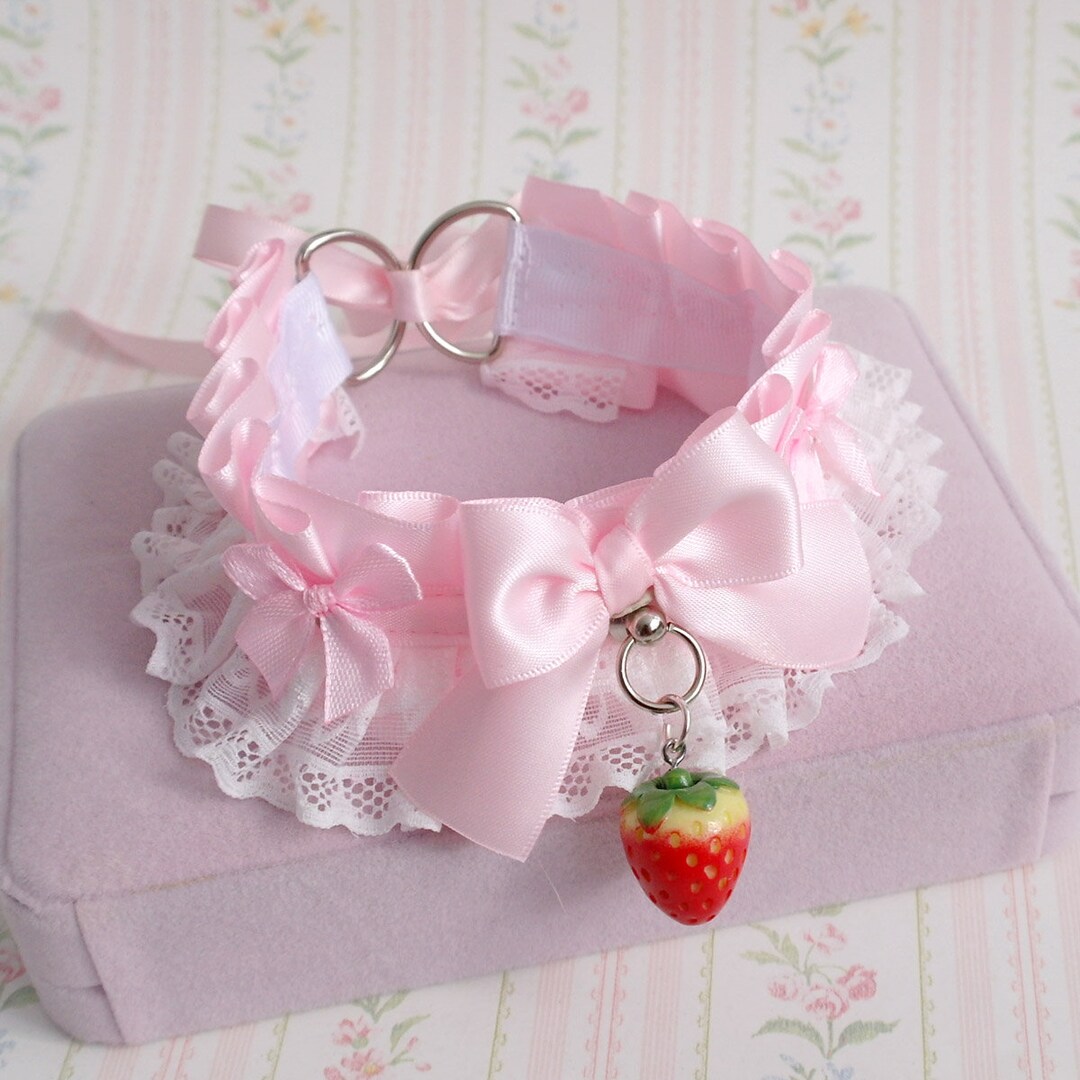 Red Strawberry Baby Pink Choker Necklace ,kitten Play Collar , White ...