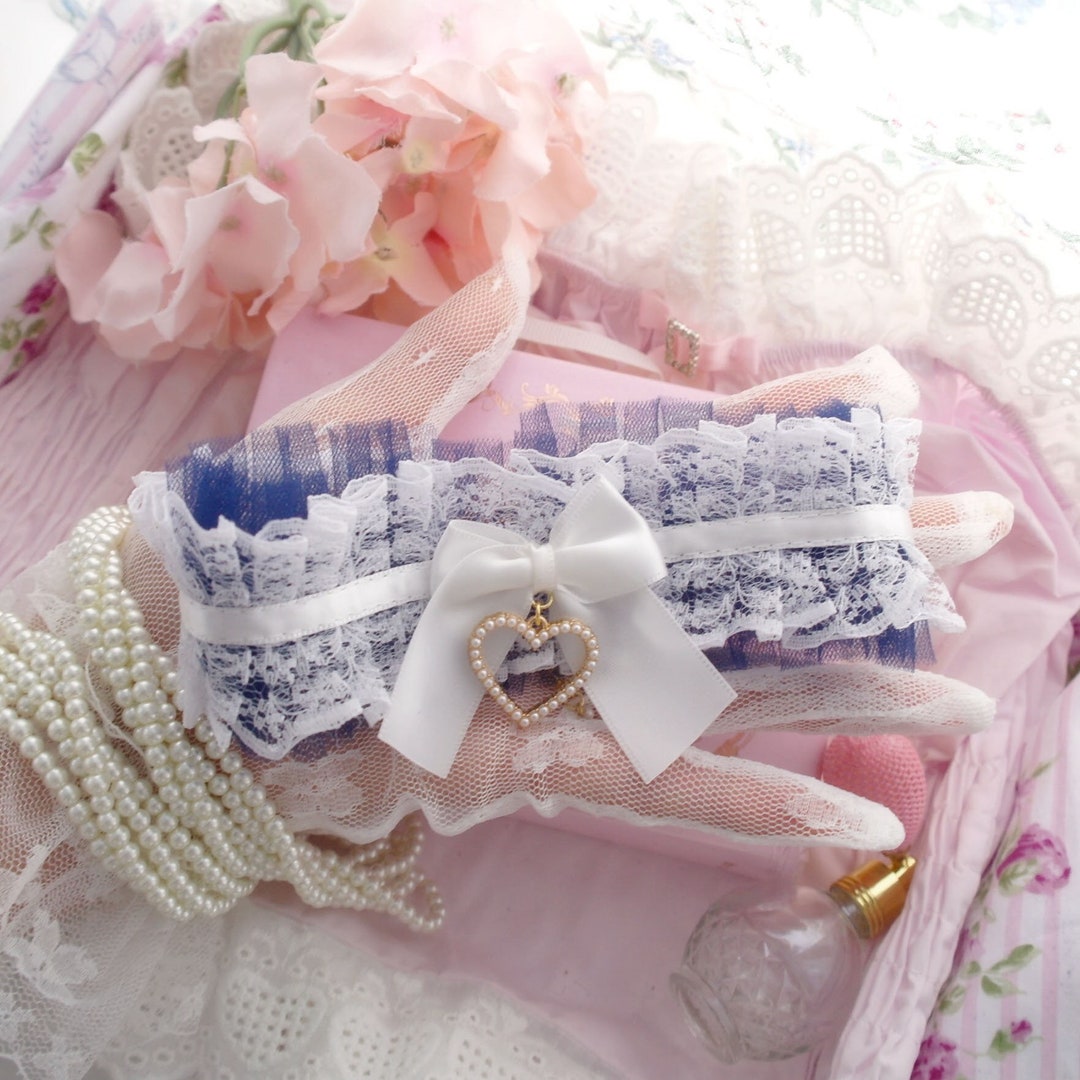Romantic Navy Blue Tulle Ruffles White Lace Choker Necklace Collar ...