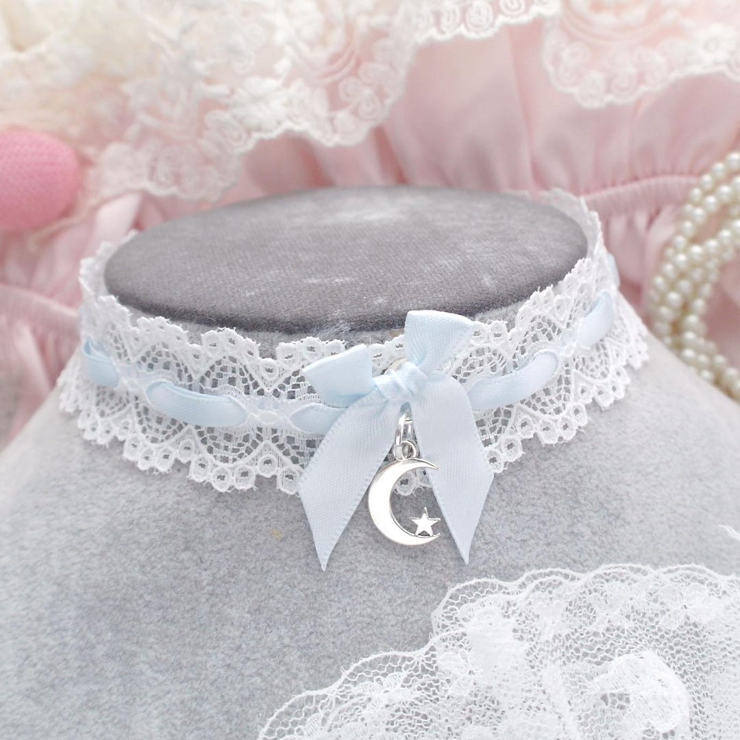 Little Crescent Moon Choker Necklace White Lace Baby Blue Bow , Collar ...