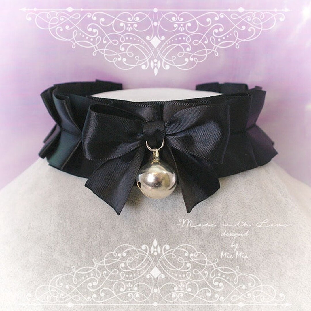 Kitten Pet Play Collar DDLG Choker Necklace Black Satin Bow Bell ...