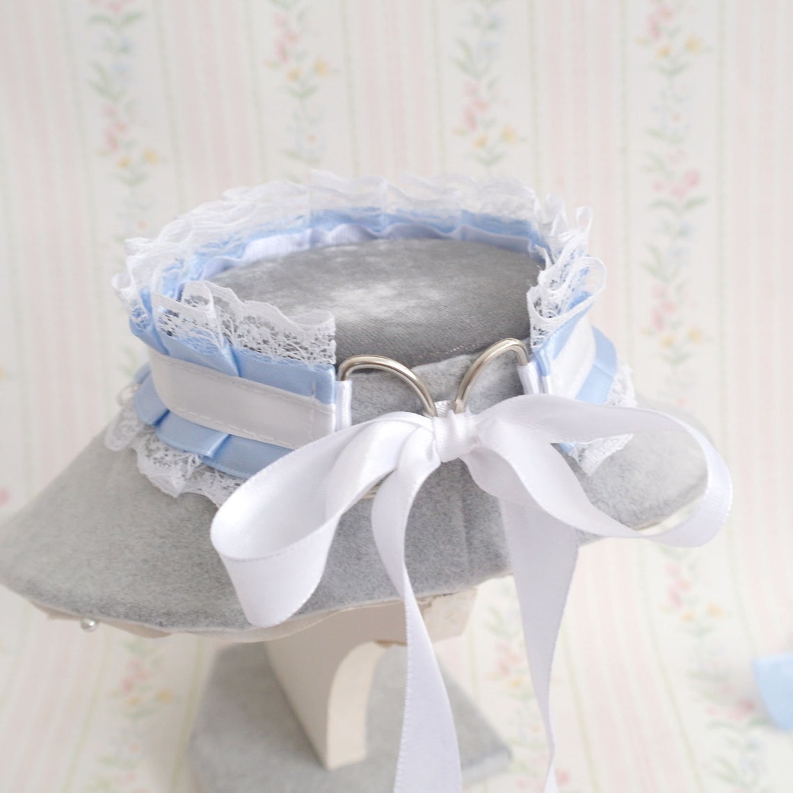 White Lace Light Blue Satin Choker Necklace , Kitten Pet Play Collar ...