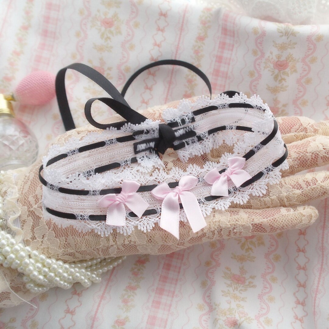 Rococo Romantic Black and White Lace Baby Pink Bow Collar Wide Choker ...