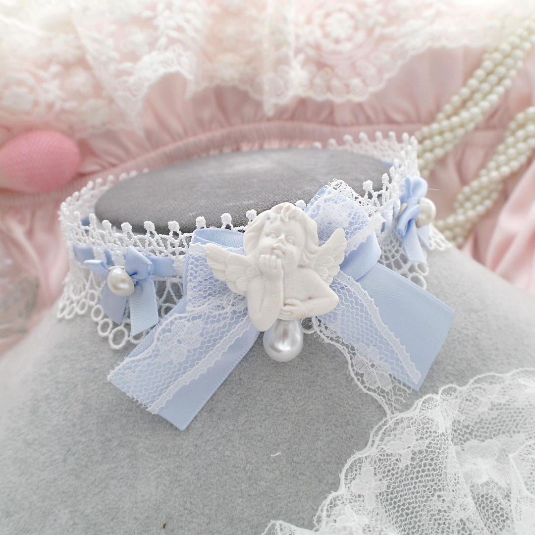 Rococo Cherub Cupid White Lace Baby Blue Bow Faux Pearl Pendant Choker ...