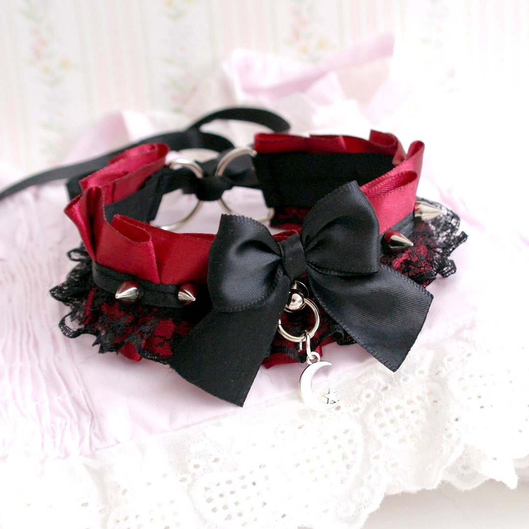 Burgundy Red Black Lace Choker Necklace , Kitten Play Collar Gear ...