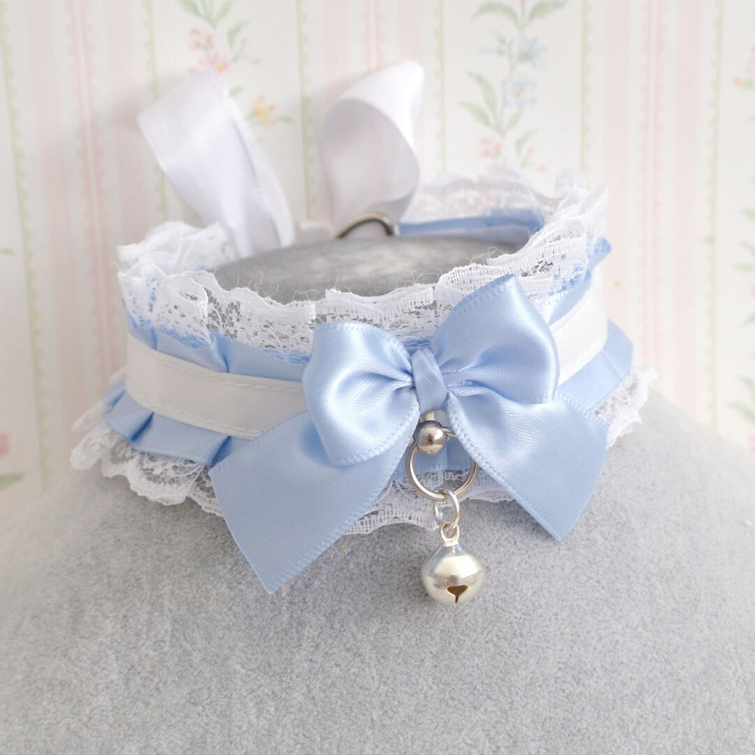 White Lace Light Blue Satin Choker Necklace , Kitten Pet Play Collar ...