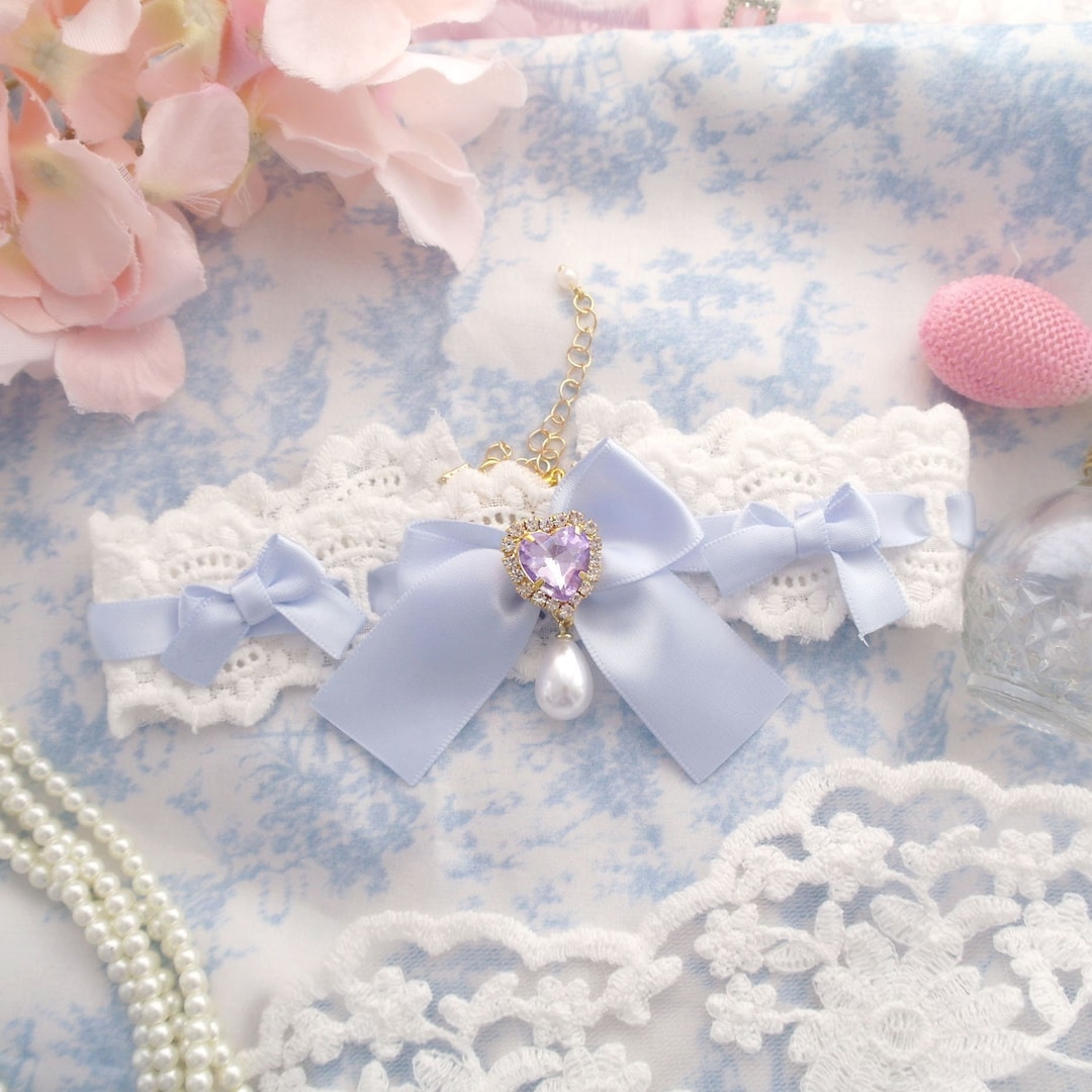 Rococo Style White Lace French Blue Bow Choker Necklace ,rhinestone ...