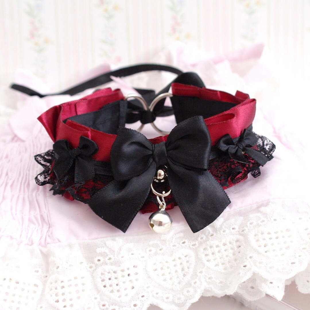 Burgundy Red Black Lace Choker Necklace , Kitten Pet Play Collar ...