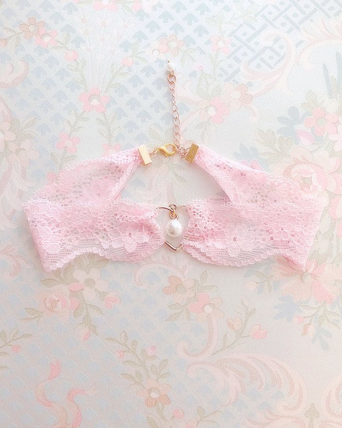 Pink Lace Choker Necklace Heart Pink Lace Pearl Pendant Etsy