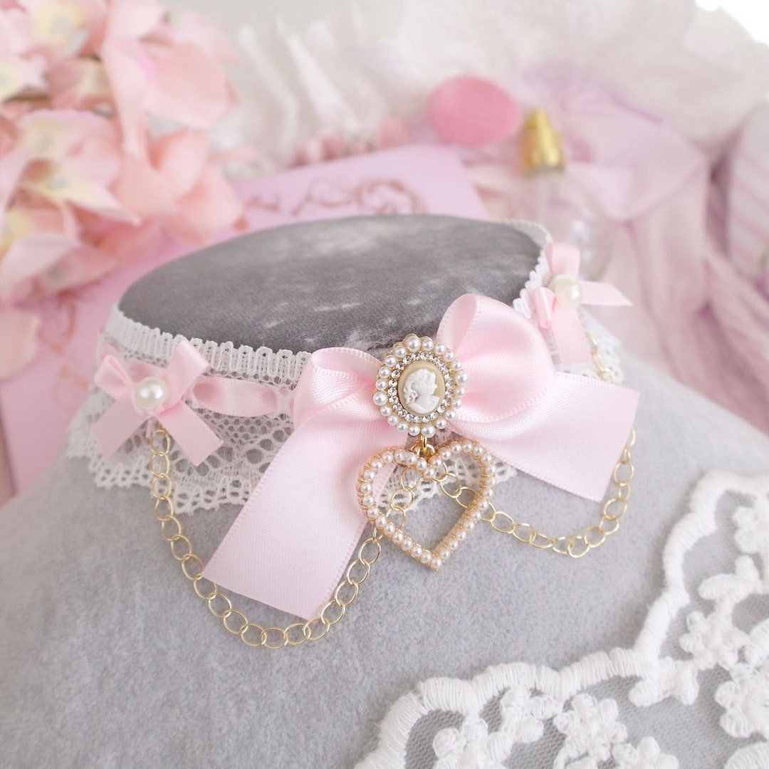 Rococo Style White Lace Baby Pink Lady Head Cameo Bow Choker Necklace ...