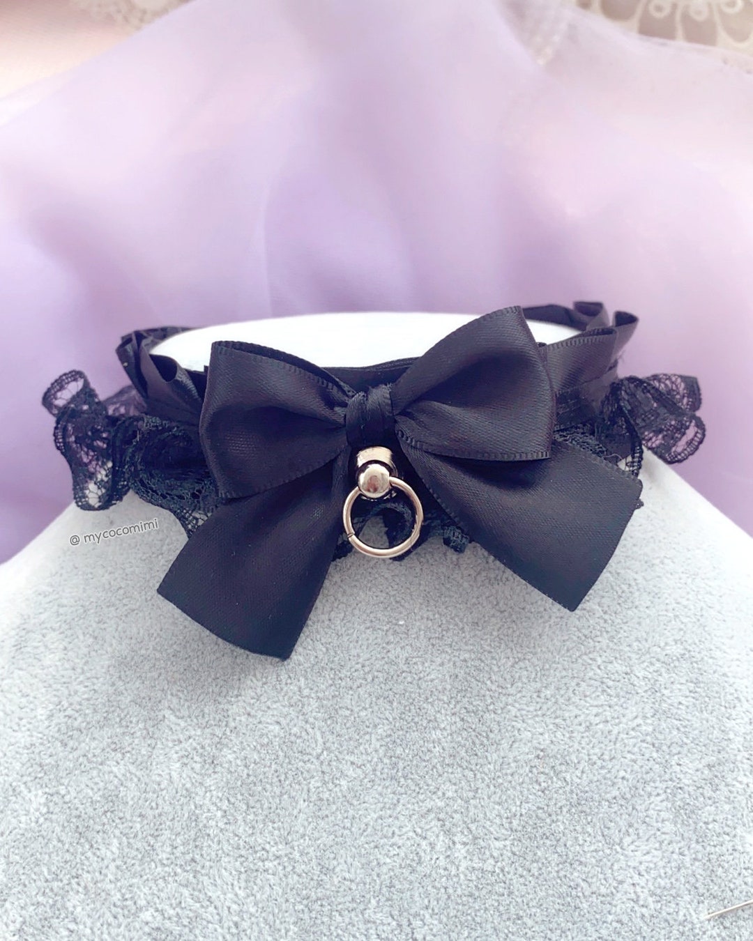 Cute Gothic Choker Necklace Kitten Pet Play Collar All Black Lace Bow ...
