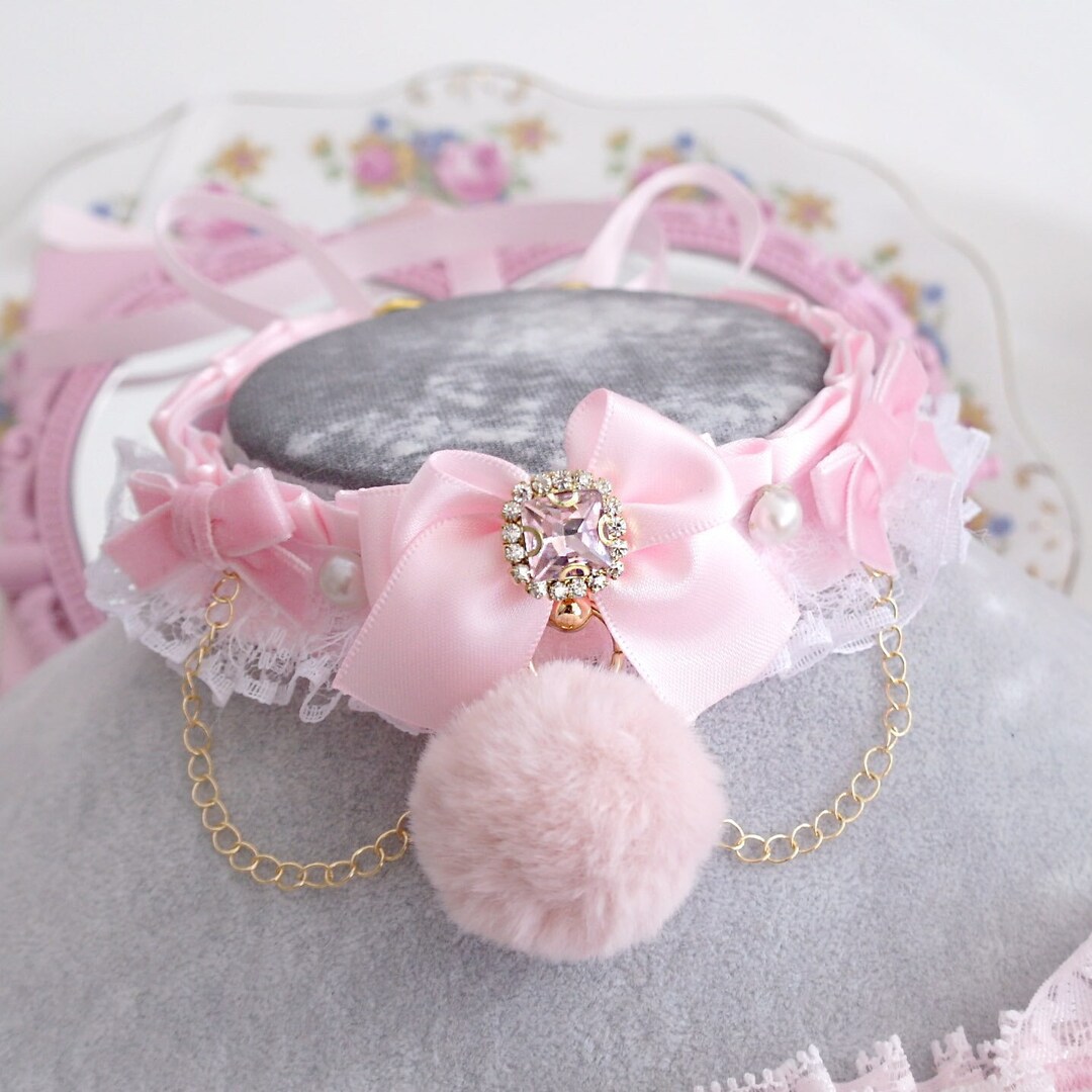 Luxury Bunny Tail Faux Fur Ball Choker Necklace , Baby Pink White Lace ...