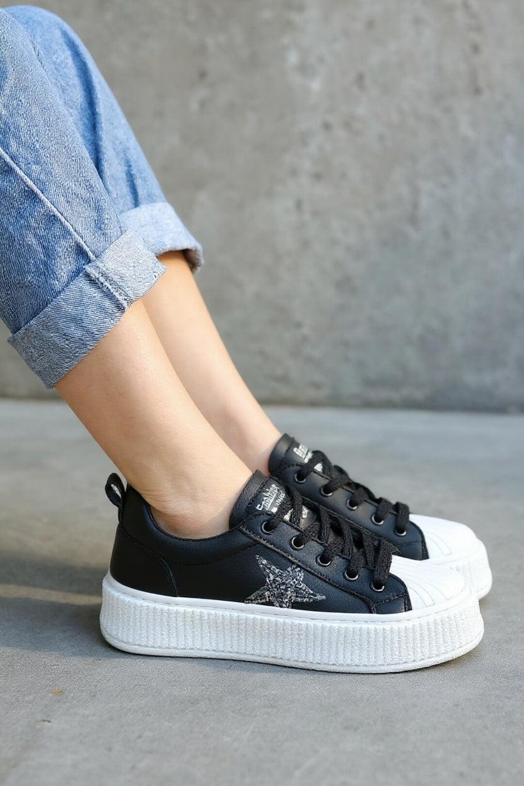 Piata Women’s Black Lace up Sneakers With White Platform Sole, Casual ...