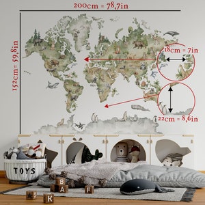 WORLD MAP Wall Decal for Kids, World Map Wall Decal, Wall Decal Animals ...