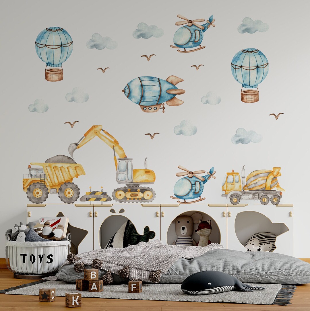 Kids Transport Wall Decal, Construction Decals, Diggers Wall Stickers, Kids Car Decal, Wall ...
