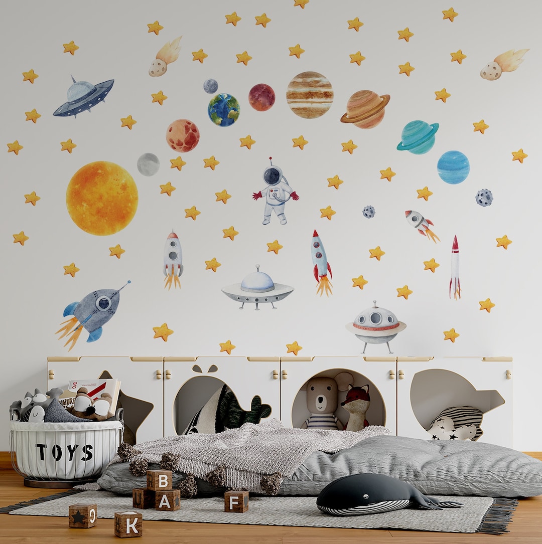Space Wall Decal, Space Themed Nursery, Watercolor Solar System, Sun and Planets, Constellation ...